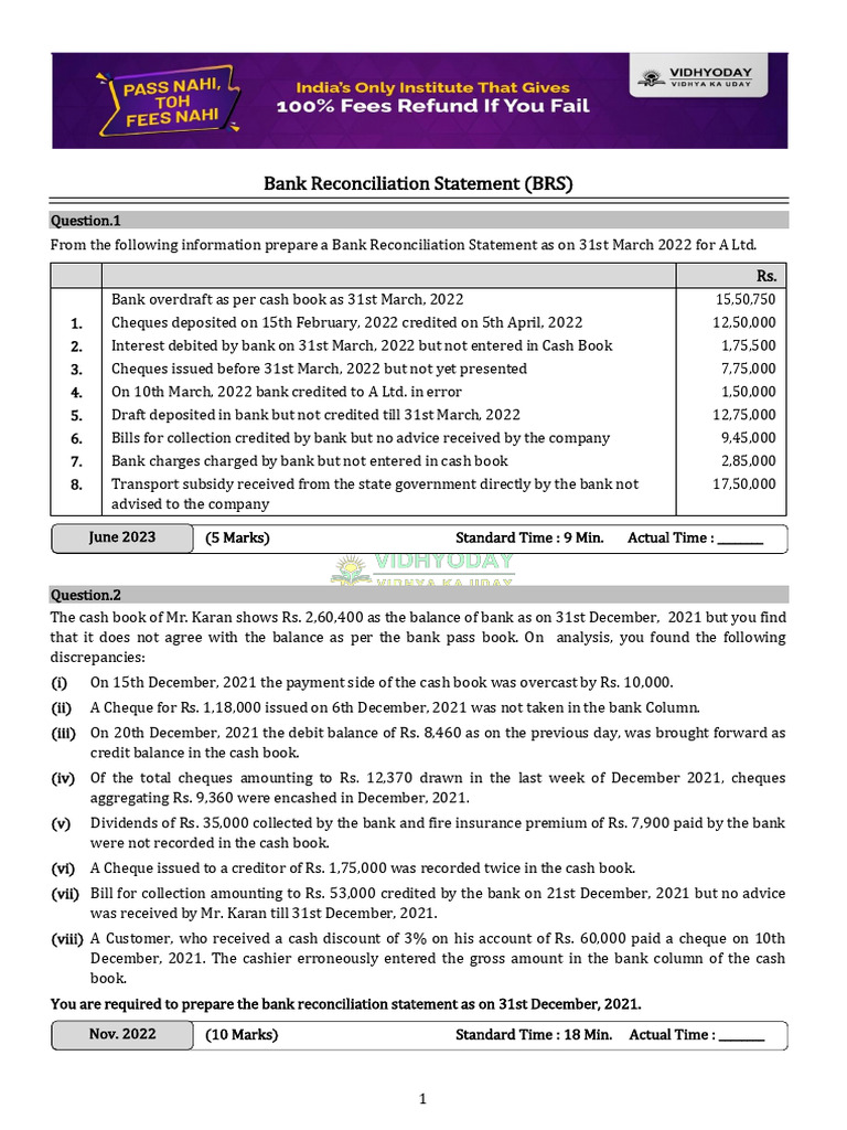 Bank Reconciliation Questions | PDF | Banks | Cheque