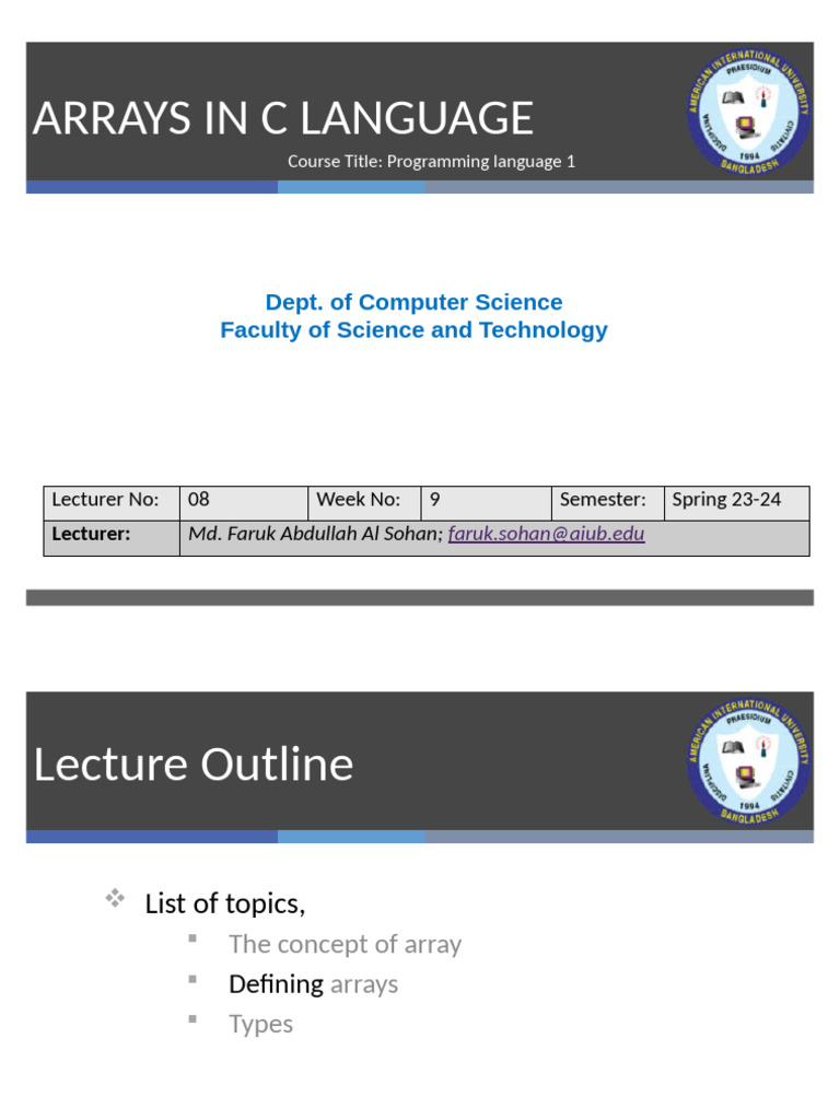 PL1 Lecture 8 Array | PDF | Integer (Computer Science) | Data Type