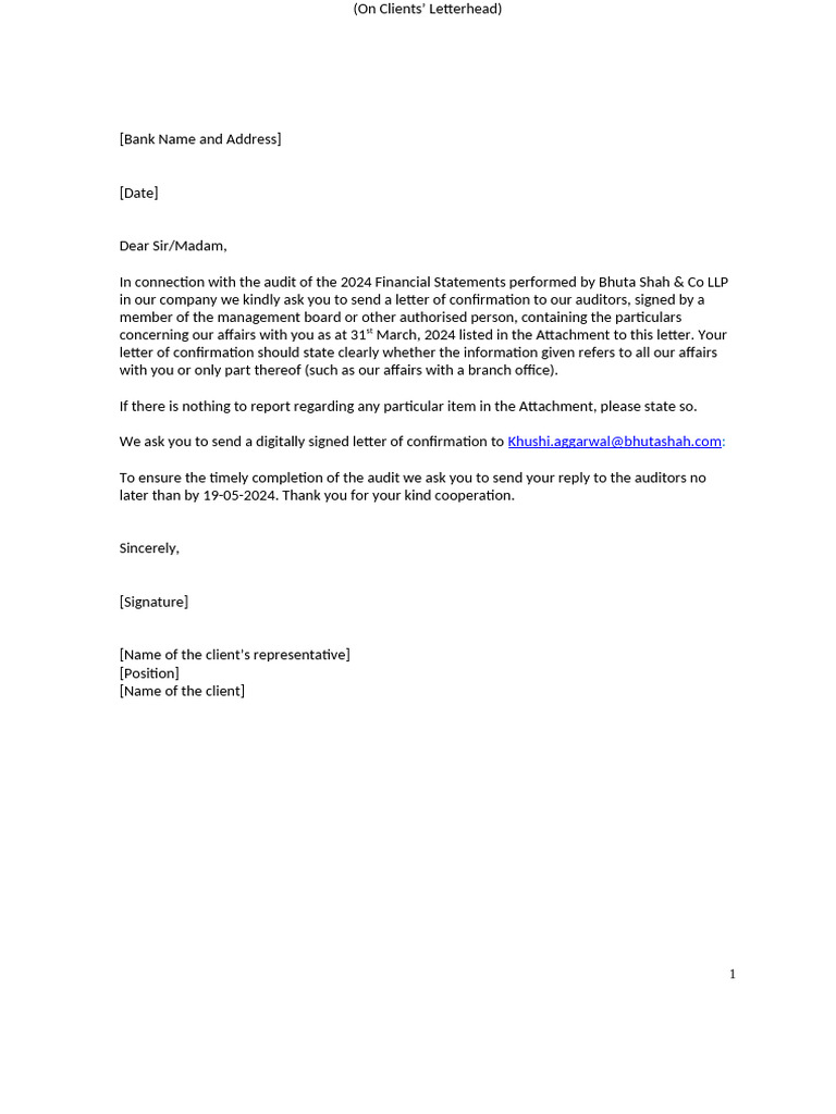 Bank Confirmation Letter (Client) | PDF