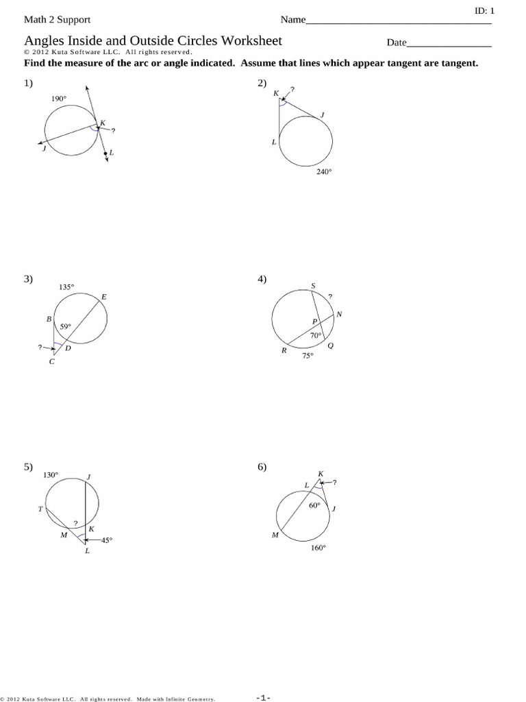 Circles Interior and Exterior Angles Worksheet 2 | PDF