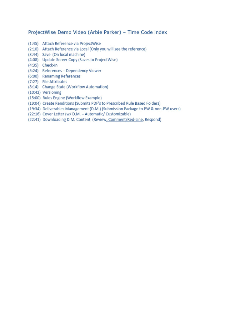 ProjectWise Demo Video Time Code Index | PDF