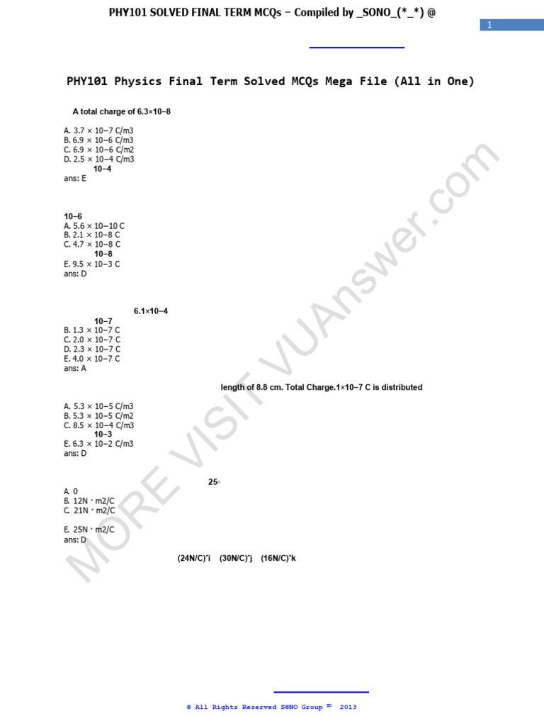 PHY101 Final Term MCQs Compilation | PDF | Watt | Capacitance