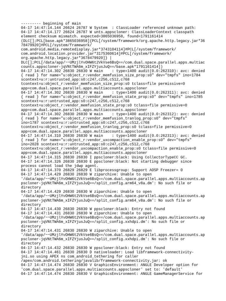 Com - Dual.space - Parallel.apps - Multiaccounts.appscloner Logcat | PDF | Android (Operating ...