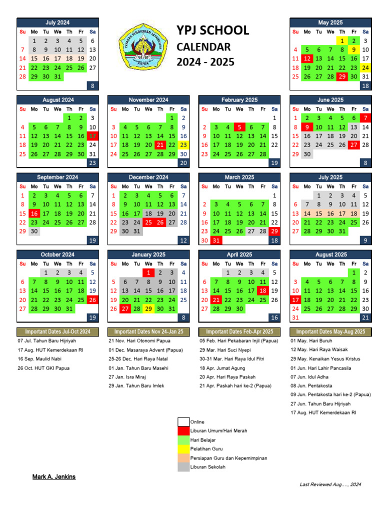 Academic Calendar YPJ 2024 2025 | PDF