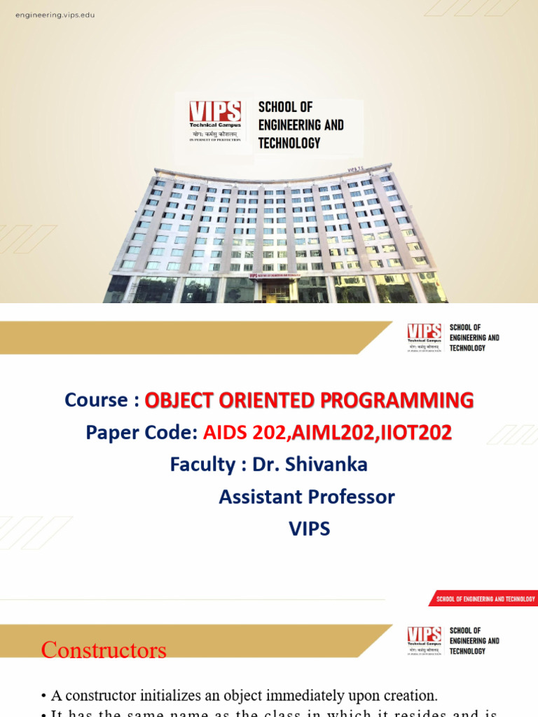 VIPS OOPS Unit 2 Constructor | PDF | Constructor (Object Oriented Programming) | Programming