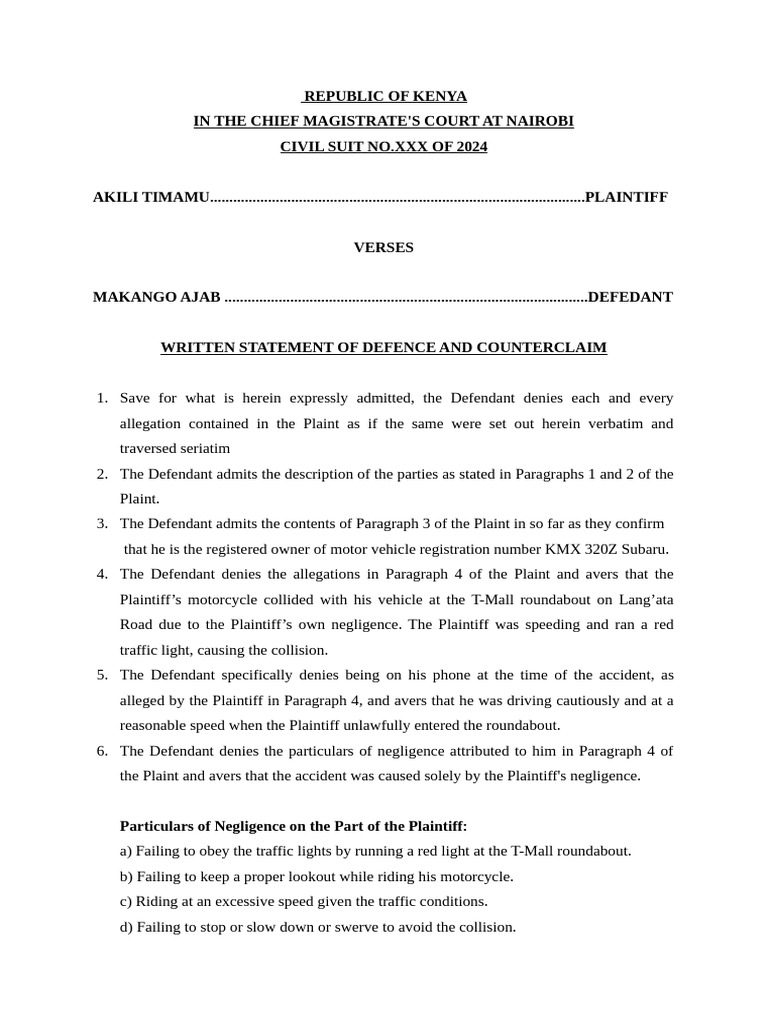 Statement of Defence and Counter Claim | PDF | Damages | Lawsuit