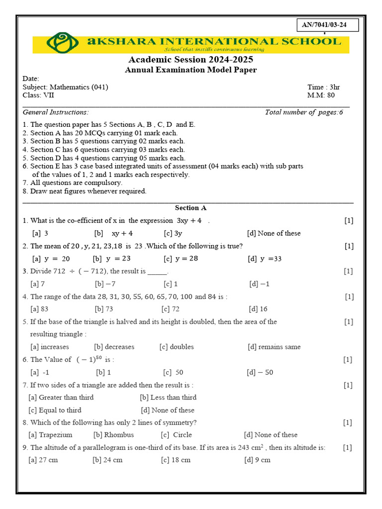 VIIMATH Term2 - 24-25 Model PAPER | PDF | Area | Triangle