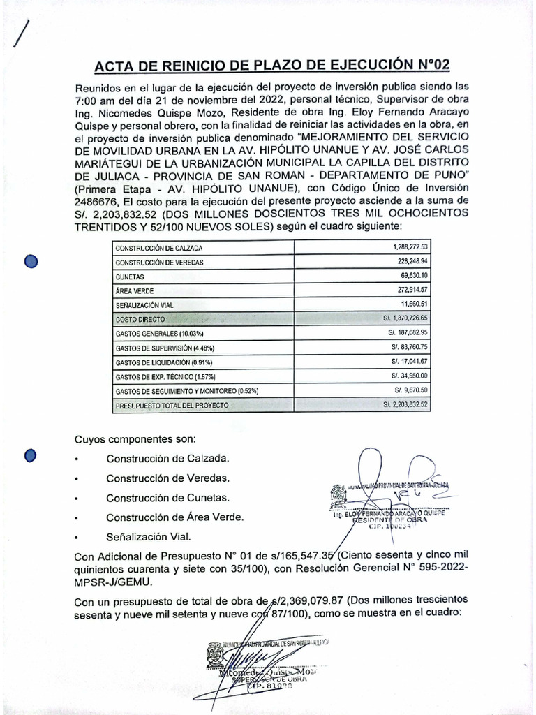 Acta de Reinicio de Obra #02 | PDF