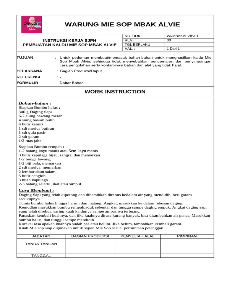 WI Pembuatan Kaldu Mie Sop | PDF