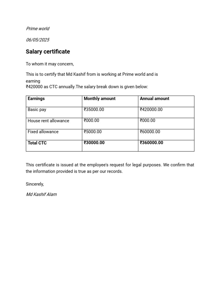 Salary Certificate PDF | PDF