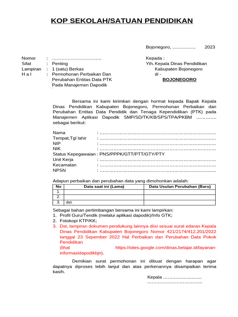 Surat Permohonan-Entitas Data PTK | PDF