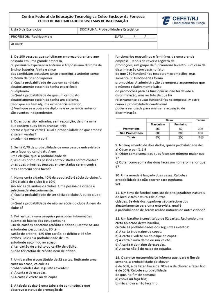 Lista3 Prob Est | PDF | Cartas de baralho