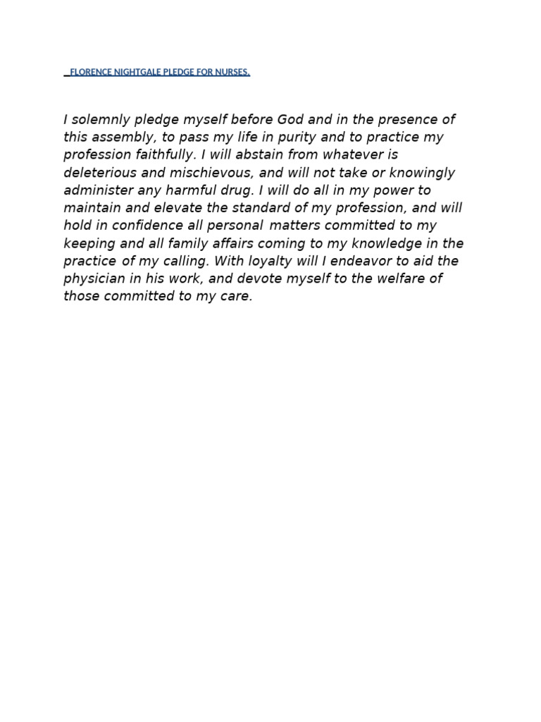 Florence Nightgale Pledge For Nurses | PDF
