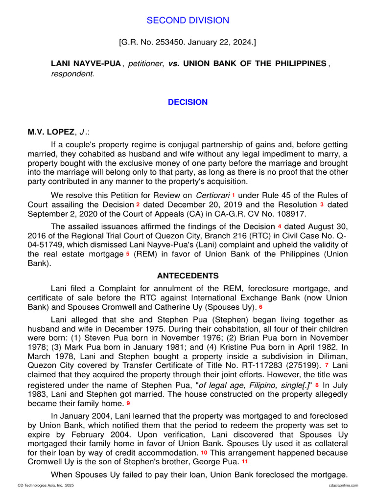 Nayve-Pua v. Union Bank of The Philippines | PDF | Marriage | Foreclosure