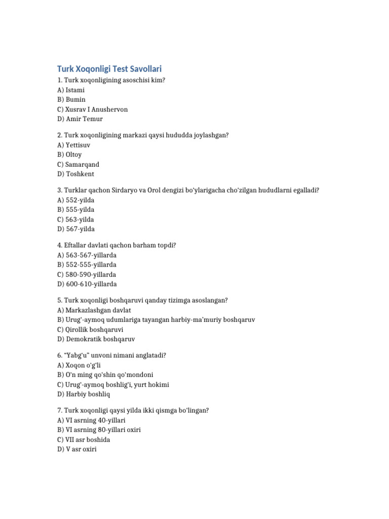 Turk Xoqonligi Test | PDF