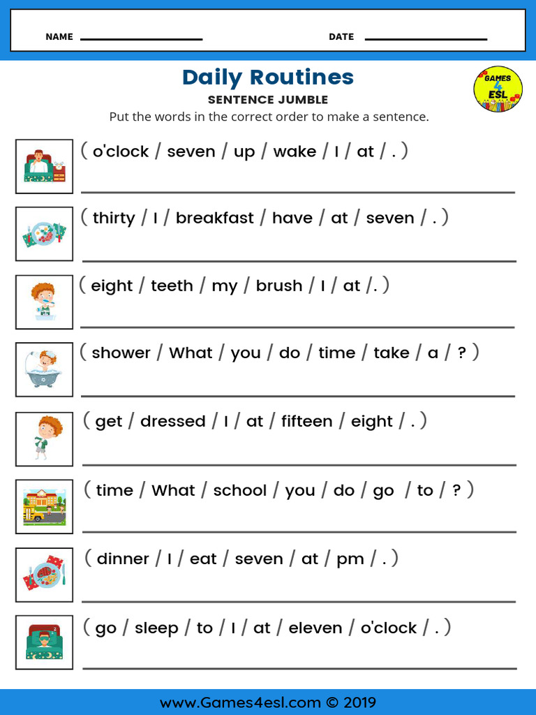 Daily Routine Worksheet Sentence Jumble | PDF