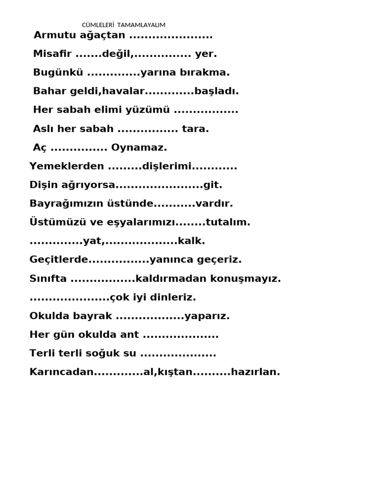 Eksik Cumleyi Tamamla - Hyt Bilg. | PDF