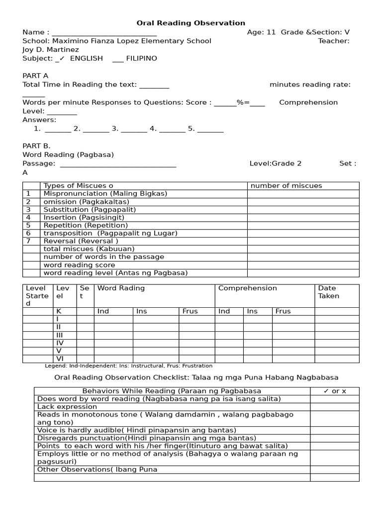 Oral Reading Observation Form | PDF | Insects