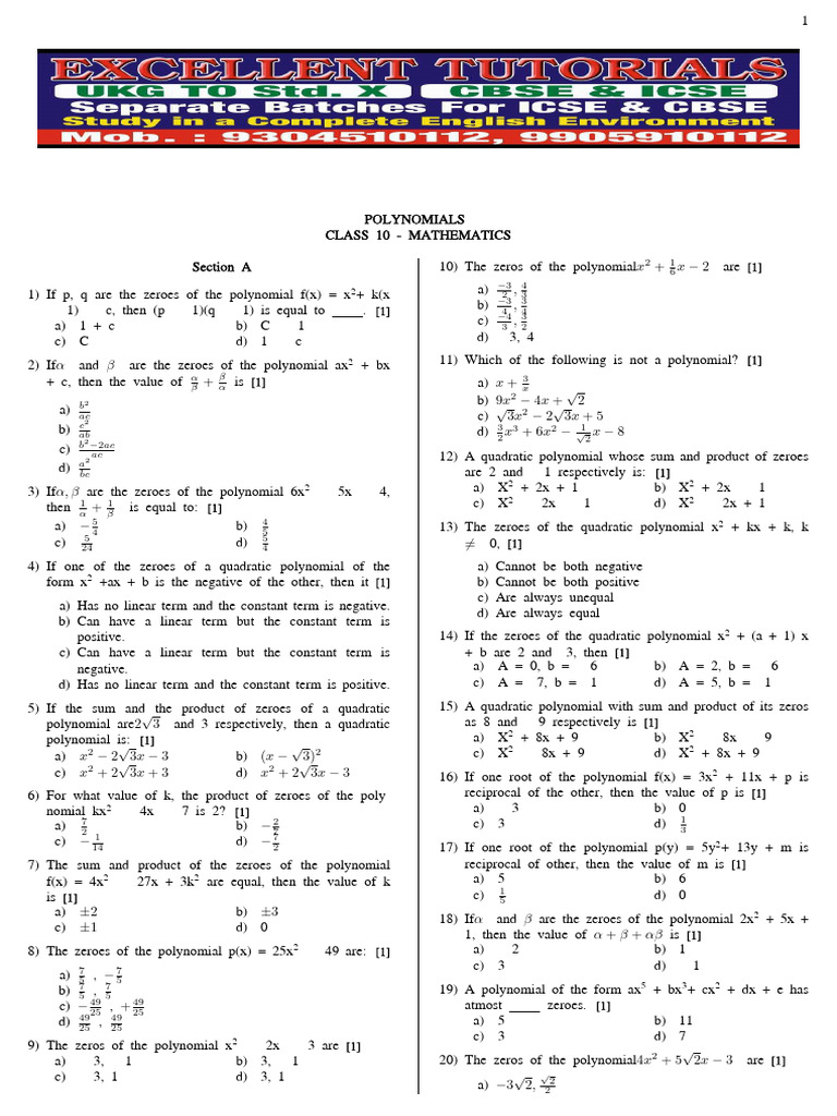 Polynomials Obj Q Cbse10 | PDF | Zero Of A Function | Polynomial