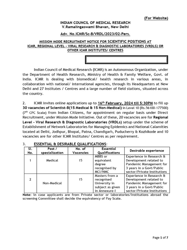 ICMR Scientist-B Recruitment Notice 2024 | PDF | Biotechnology