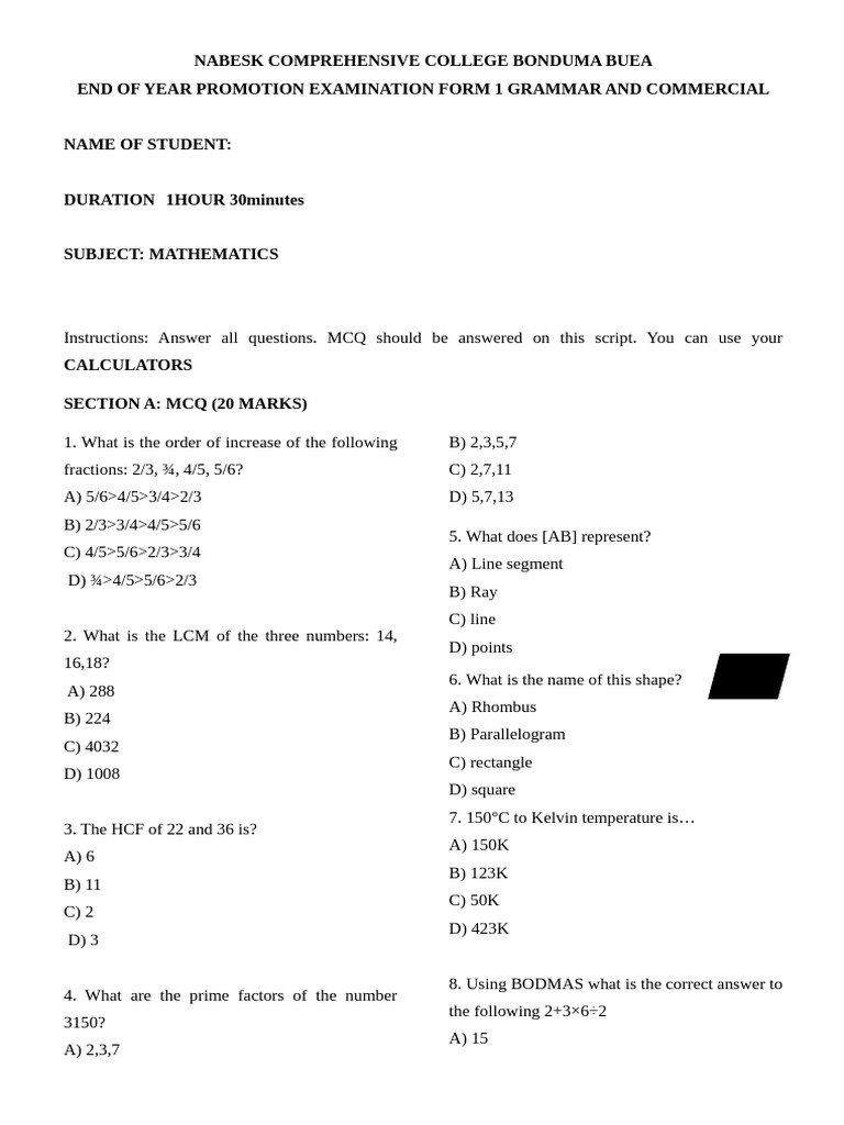 Nabesk Form 1 Maths Exam | PDF | Mathematics | Division (Mathematics)