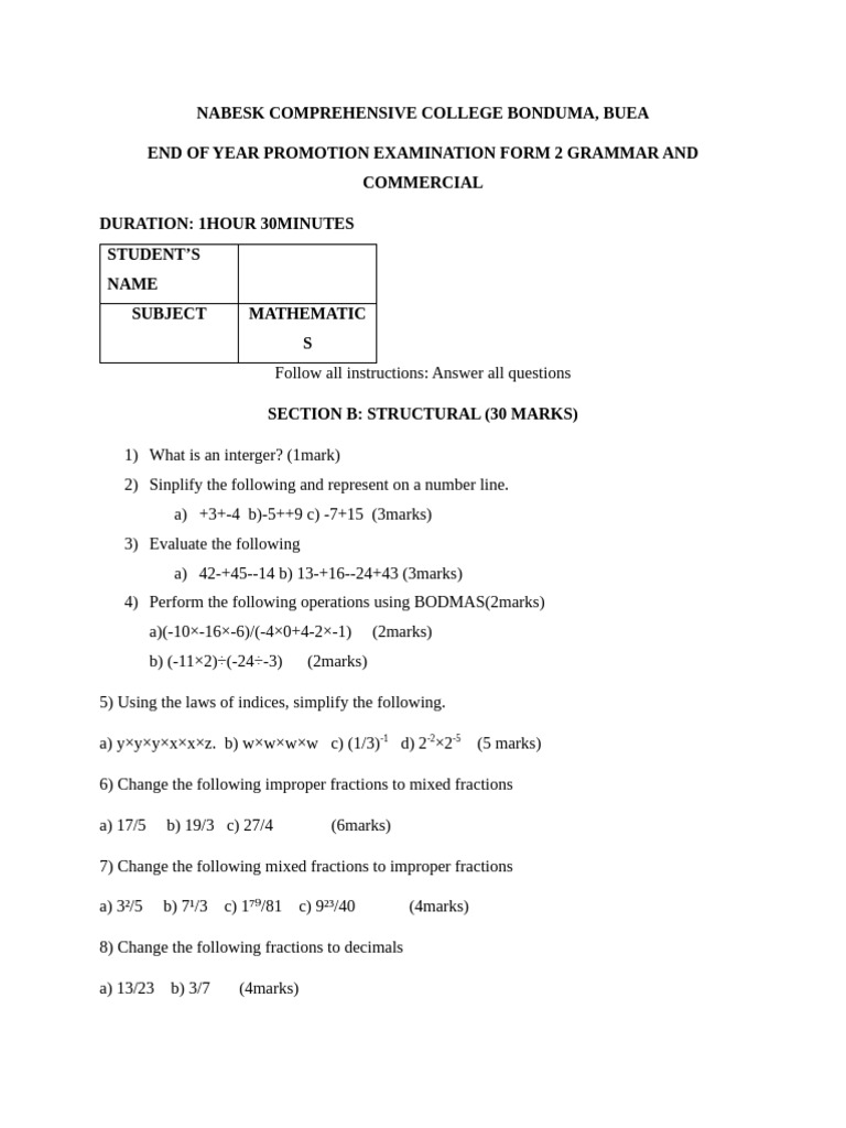 Nabesk Form 2 Maths Exam | PDF