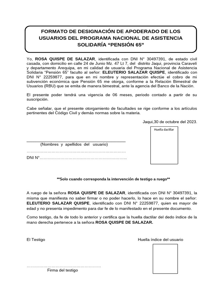 Formato Carta Poder Pension 65 - Juez de Paz | PDF