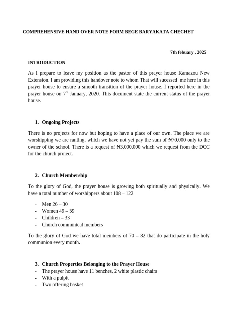 Comprehensive Hand Over Note Form Bege Baryakata 3th Febuary | PDF ...