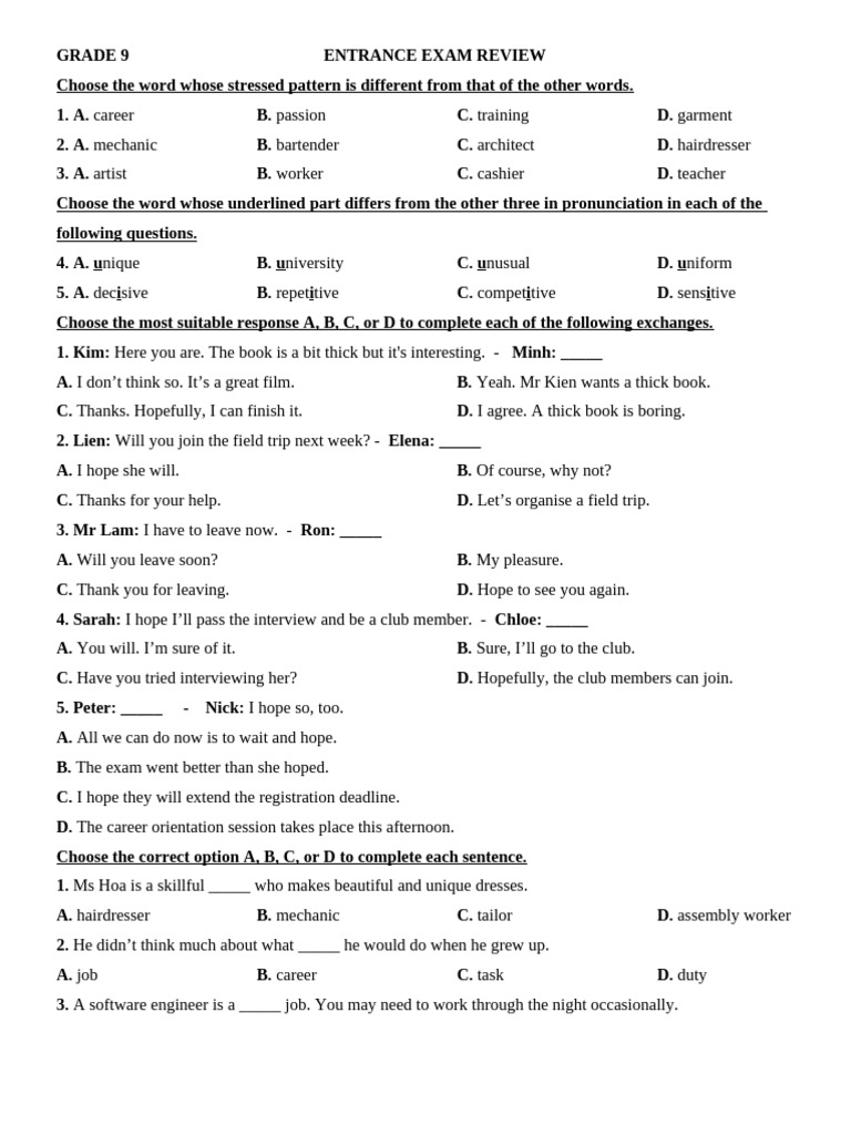 Grade 9 Entrance Exam Review Guide | PDF