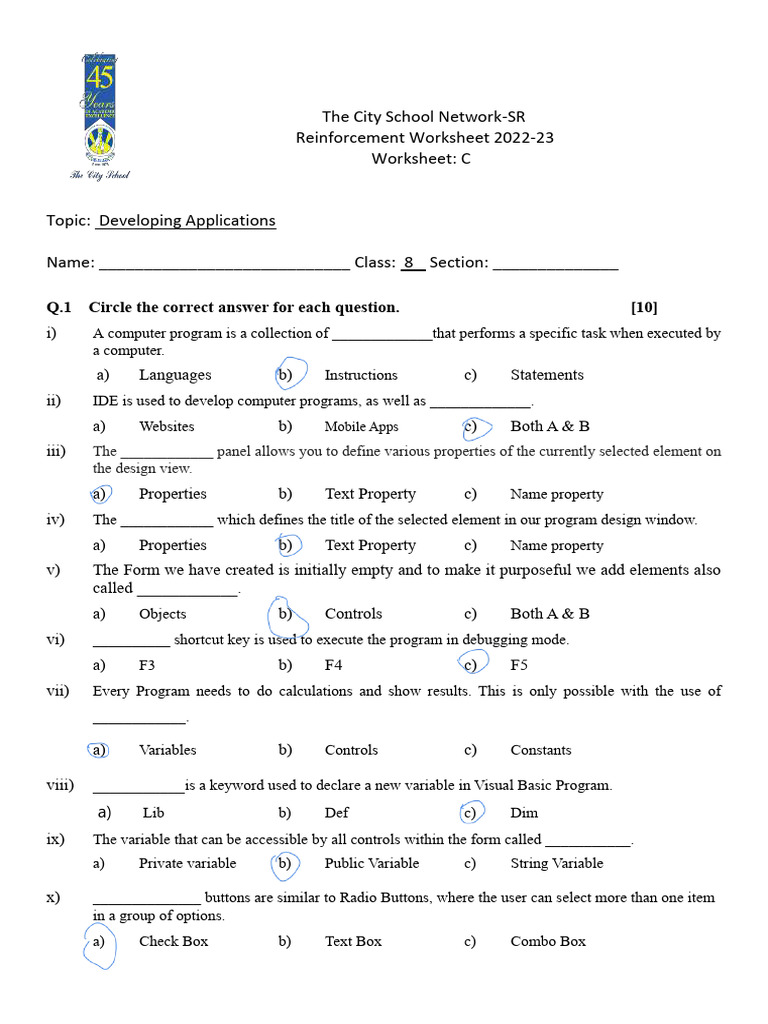 Developing Applications - Visual Basic - Worksheet - C | PDF | Variable (Computer Science ...