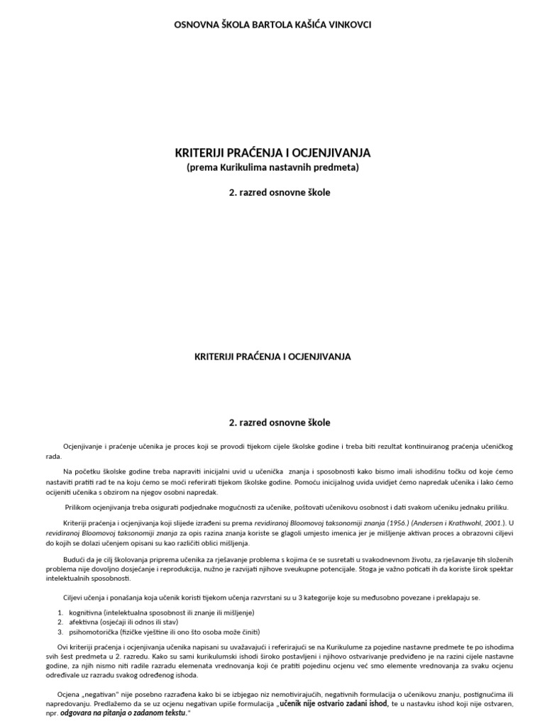 Kriteriji Vrednovanja 2. Razred 1 | PDF