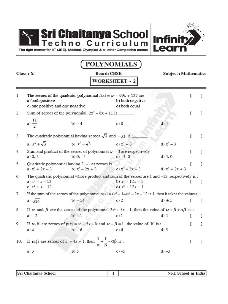 Class X CBSE Mathematics Polynomial Worksheet | PDF | Zero Of A ...