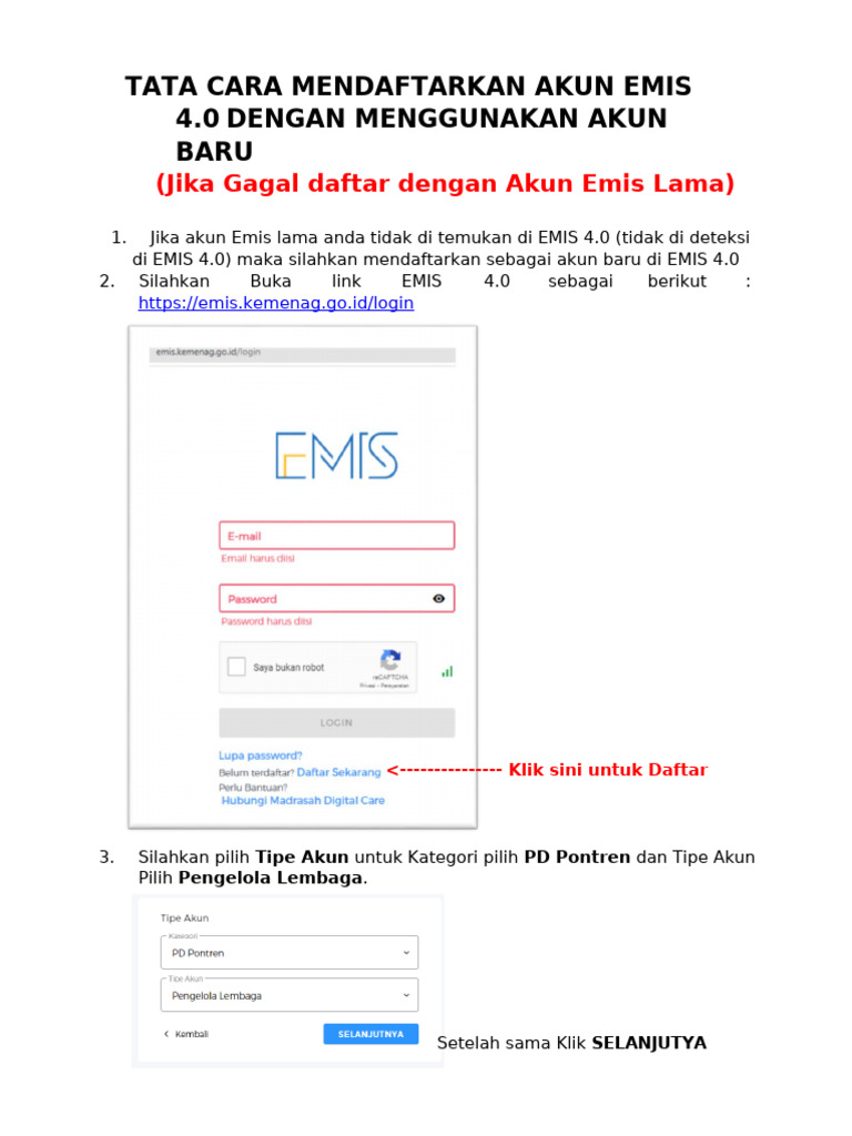 TATA CARA MENDAFTARKAN AKUN EMIS 4.0 Jika Gagal Daftar Dengan Akun Emis Lama | PDF