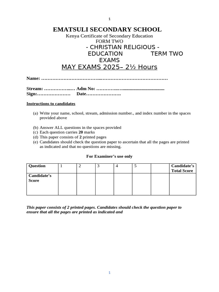 DOC-20250527- form 2 mid term exam2025 | PDF | Jesus | Bible
