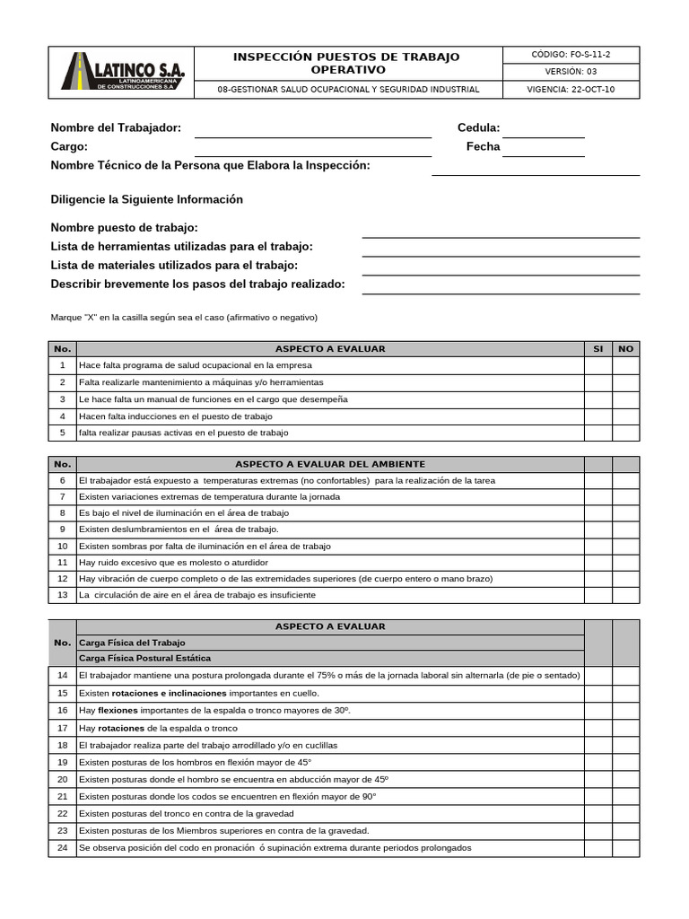 FO-S-11-2 Inspección Puestos de Trabajo - R02 | PDF | Seguridad y salud ...