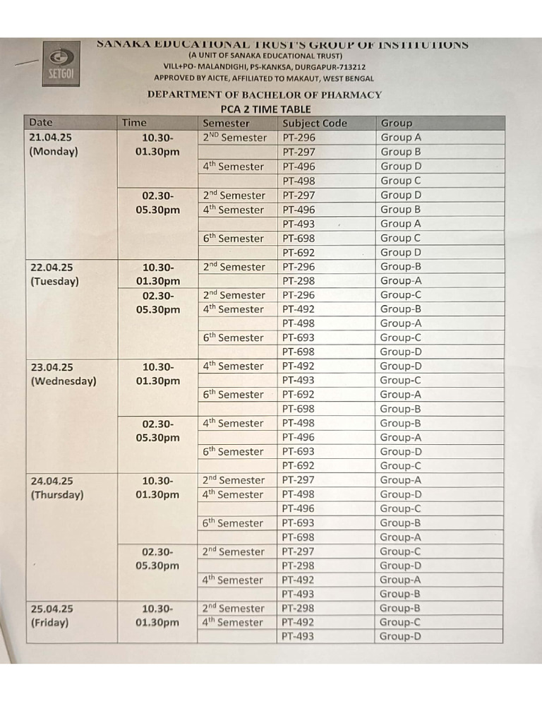PCA 2 Time Table Even Sem (2024-25) | PDF