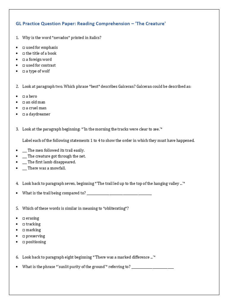 GL Practice Reading Comprehension - QUESTIONS 1 | PDF