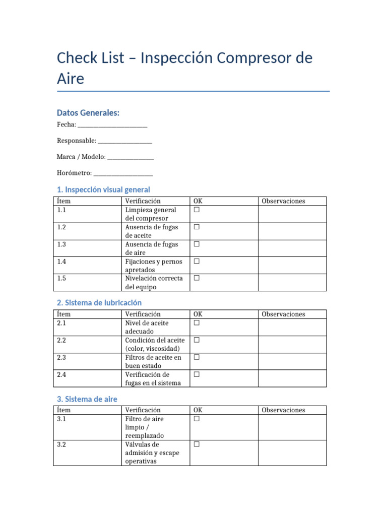 Check List Compresor de Aire | PDF