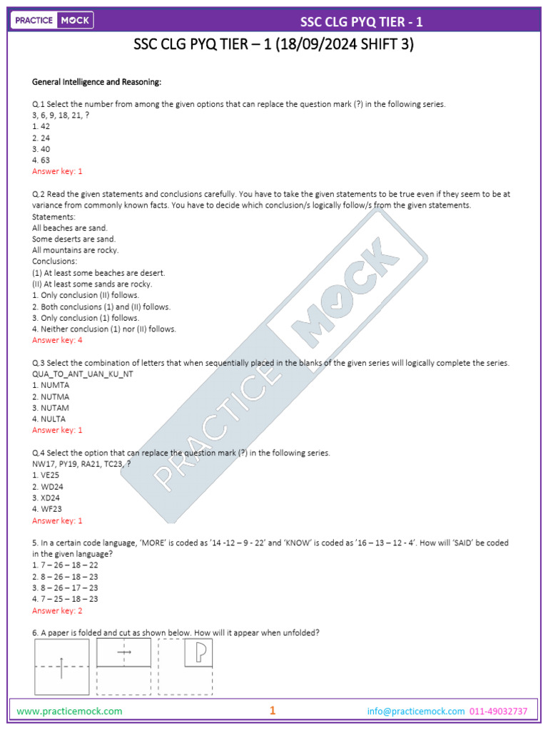 SSC Tier 1 PYQ General Intelligence | PDF | Interest | Percentage