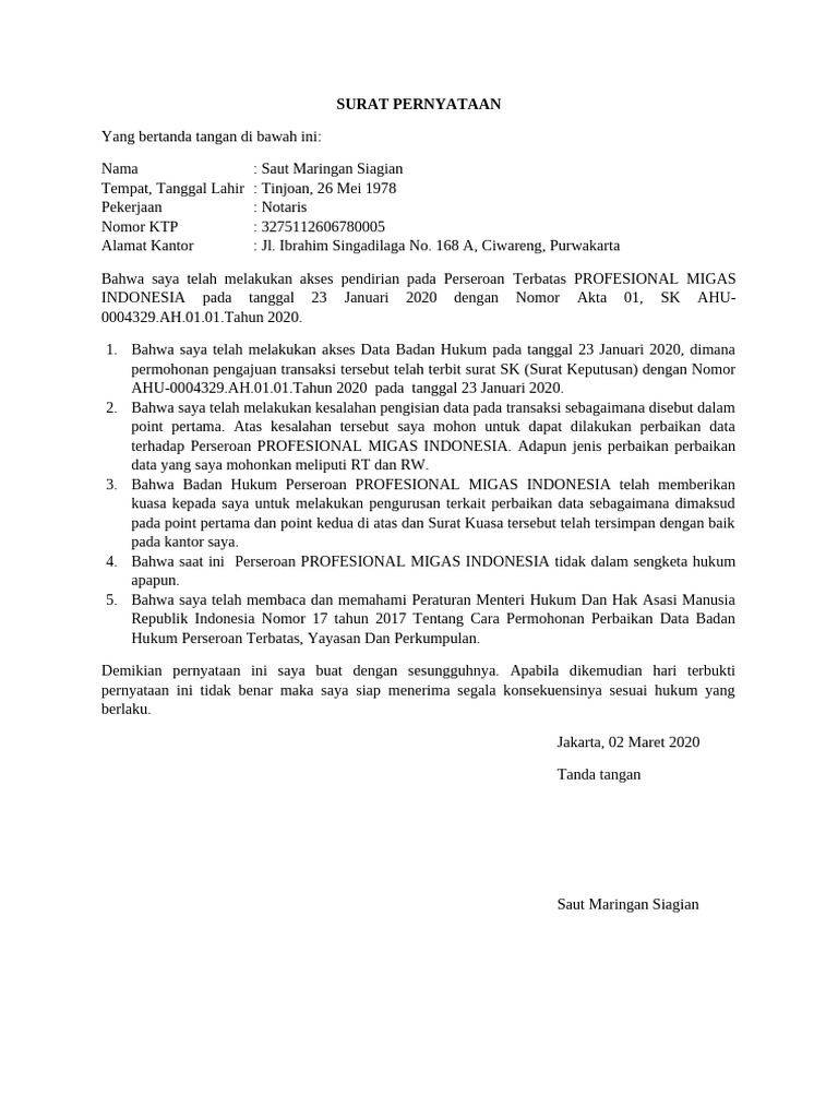 Surat Pernyataan Perubahan Database | PDF