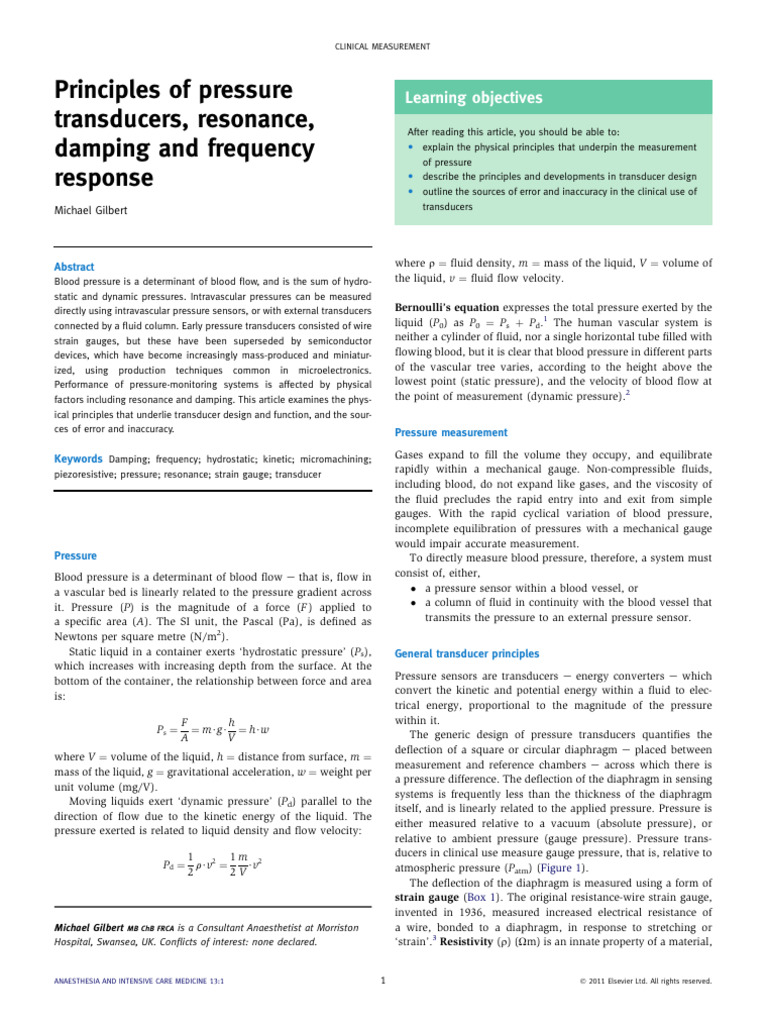 Gilbert 2012 - Principles of Pressure Transducers Resonance Damping and Frequency Response | PDF ...