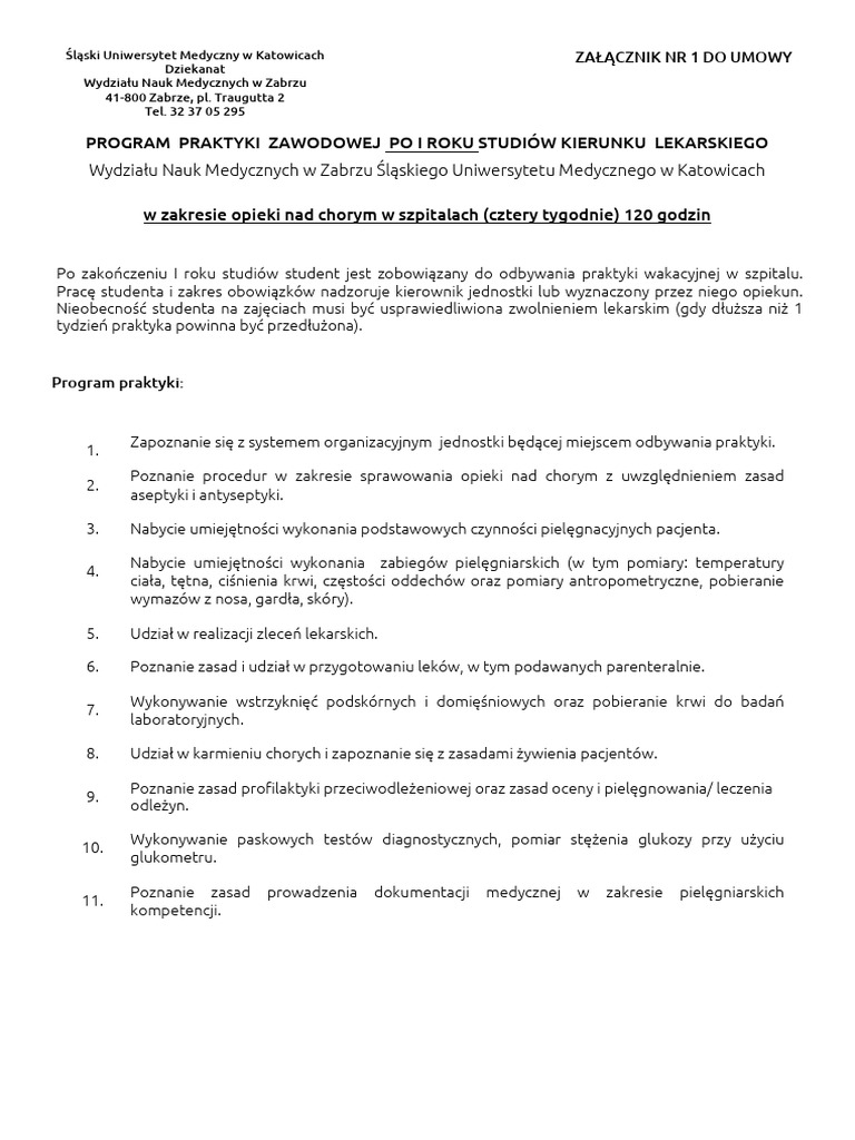 Ramowy Program Praktyki Po I Roku Studiow Kierunku Lekarskiego | PDF
