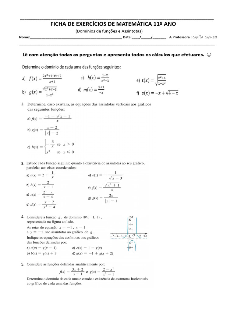Ficha de Exercícios de Matemática 11º Ano - Domínios-Assíntotas Maio ...