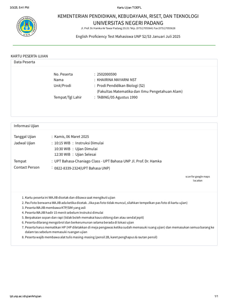 Kartu Ujian TOEFL Mahasiswa UNP | PDF