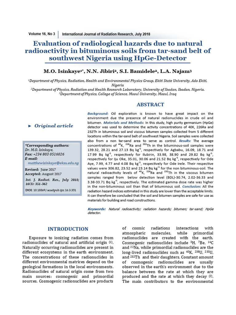 Evaluation of Radiological Hazards Due To Natural Radioactivity in ...