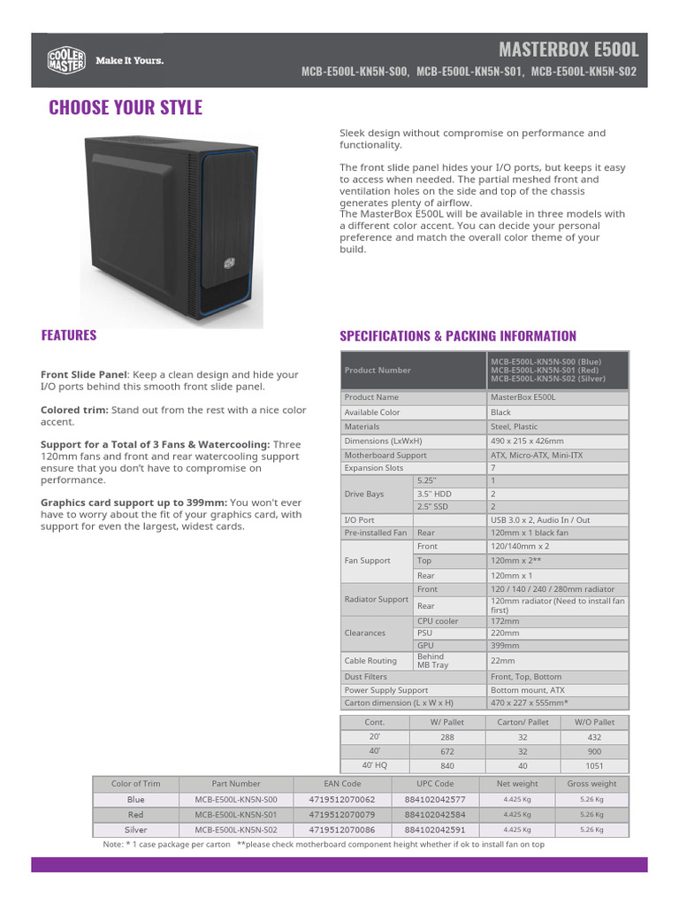 Product Sheet - MasterBox E500L | PDF | Personal Computers | Computer Hardware
