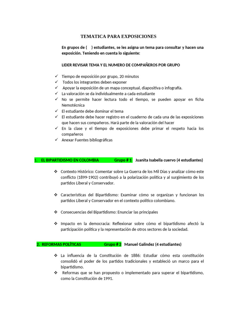 TEMATICA y Actividades GRADO DECIMO 2025 | PDF | Colombia | Ciencias Políticas