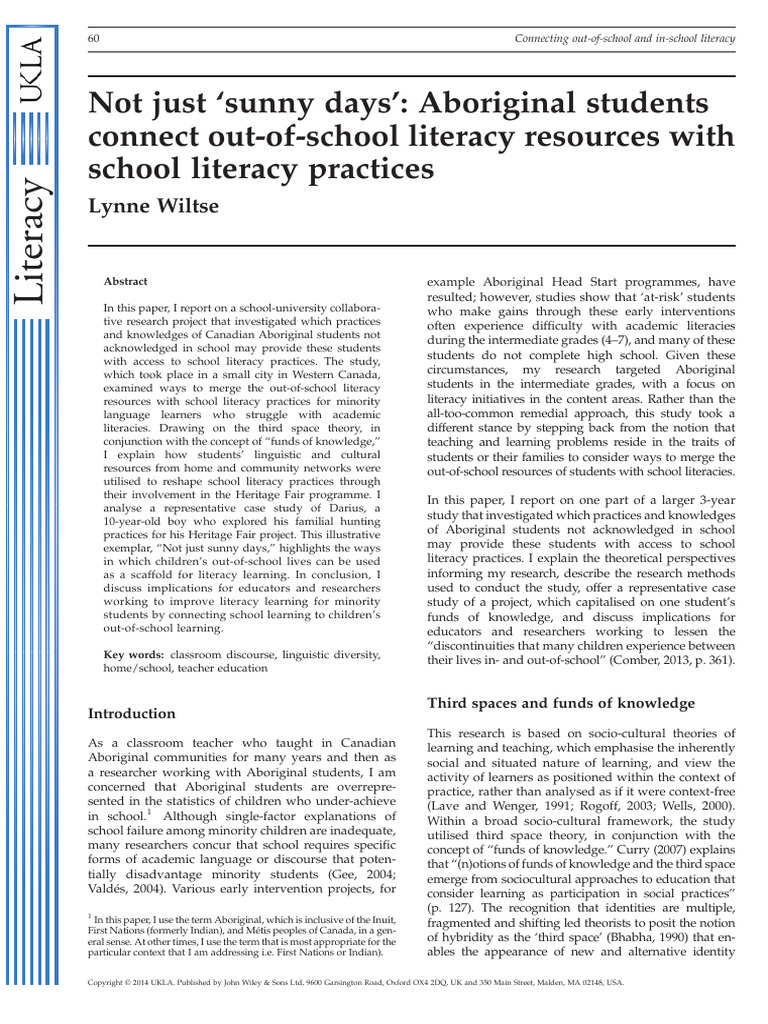 Wiltse. Not Just Sunny Days Aboriginal Students Connect Out of School ...