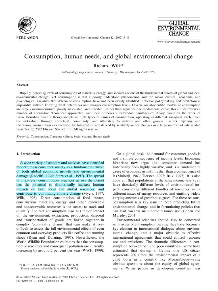 Consumption, Human Needs, and Global Environmental Change | PDF ...