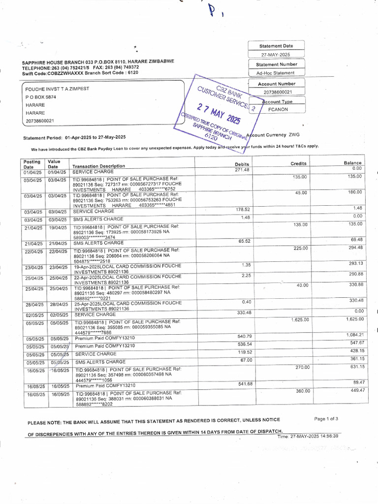 Zimpest Stambed Bank Statement | PDF